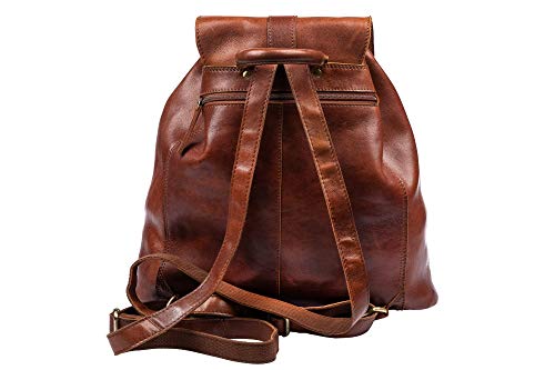 Zinda Genuine Leathers Unisex Backpack Drawstring Satchel Flap Over Book Bag Multiple Pockets Travel Bag (Cognac)