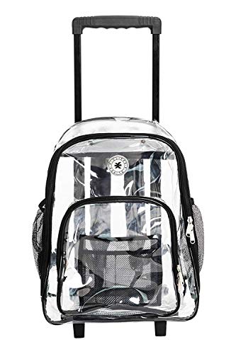 NiceAndGreat Rolling Clear Backpack Heavy Duty Bookbag Quality See Through Workbag Travel Daypack Transparent School Book Bags with Wheels Black