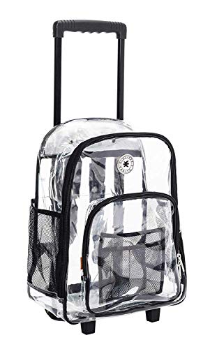 NiceAndGreat Rolling Clear Backpack Heavy Duty Bookbag Quality See Through Workbag Travel Daypack Transparent School Book Bags with Wheels Black