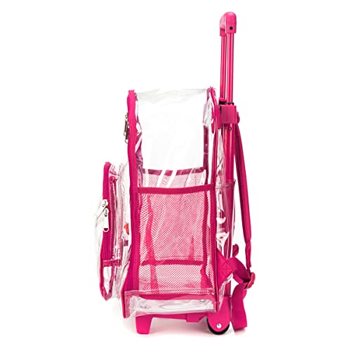 iHim Rolling Clear Backpack Heavy Duty Bookbag Quality See Through Workbag Travel Daypack Transparent School Book Bags with Wheels Hot Pink