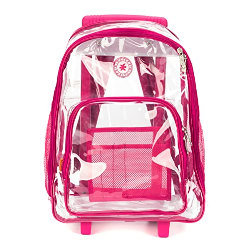 iHim Rolling Clear Backpack Heavy Duty Bookbag Quality See Through Workbag Travel Daypack Transparent School Book Bags with Wheels Hot Pink