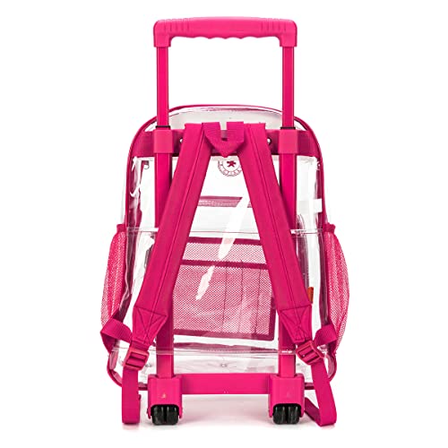 iHim Rolling Clear Backpack Heavy Duty Bookbag Quality See Through Workbag Travel Daypack Transparent School Book Bags with Wheels Hot Pink