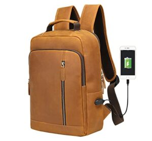 ubant full grain leather backpack for men, 15.6 inch laptop backpack with usb charging port, vintage leather school college bookbag computer bag business travel office work bag