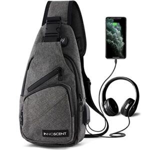 innoscent smell proof sling bag backpack – combination lock – shoulder crossbody bag with usb/headphone charging port black (light grey)