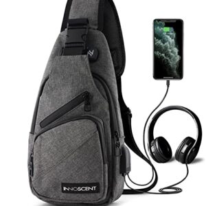 INNOSCENT Smell Proof Sling Bag Backpack - COMBINATION LOCK - Shoulder Crossbody Bag With USB/Headphone Charging Port Black (Light Grey)