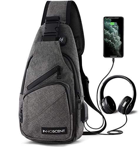 INNOSCENT Smell Proof Sling Bag Backpack - COMBINATION LOCK - Shoulder Crossbody Bag With USB/Headphone Charging Port Black (Light Grey)