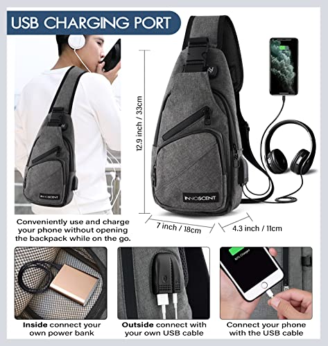 INNOSCENT Smell Proof Sling Bag Backpack - COMBINATION LOCK - Shoulder Crossbody Bag With USB/Headphone Charging Port Black (Light Grey)