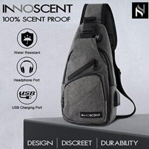 INNOSCENT Smell Proof Sling Bag Backpack - COMBINATION LOCK - Shoulder Crossbody Bag With USB/Headphone Charging Port Black (Light Grey)