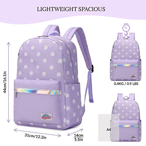 mygreen Cartoon Dot Prints Backpacks for Girls Kids Elementary School Bags Boys Nylon Bookbag Purple