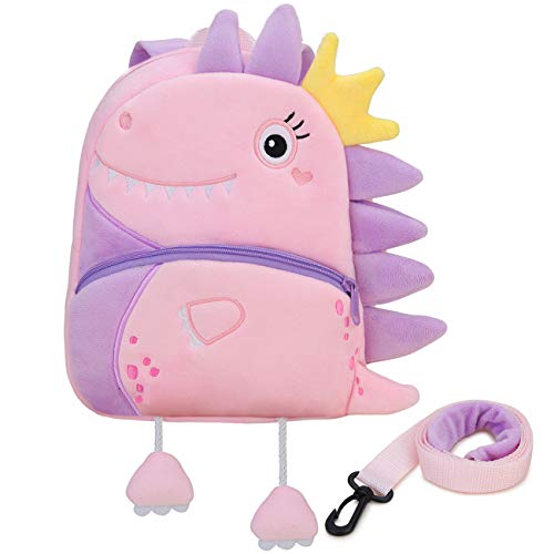 Toddler Backpack,Cute Plush Small Preschool Backpack with Leash Gift for Little Boys Girls Kids with Chest Strap Pink Dinosaur