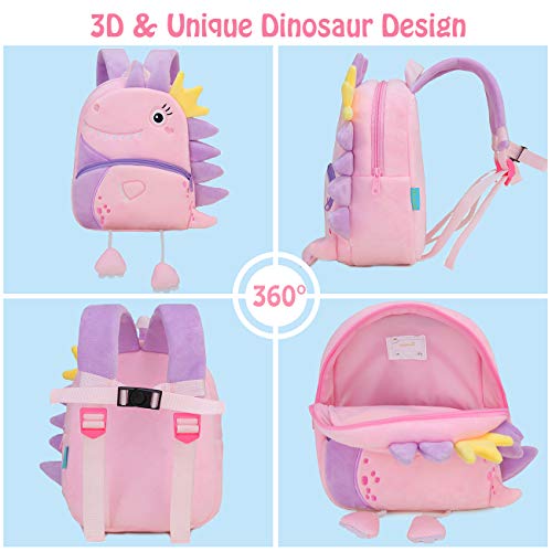 Toddler Backpack,Cute Plush Small Preschool Backpack with Leash Gift for Little Boys Girls Kids with Chest Strap Pink Dinosaur