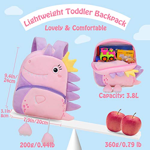 Toddler Backpack,Cute Plush Small Preschool Backpack with Leash Gift for Little Boys Girls Kids with Chest Strap Pink Dinosaur