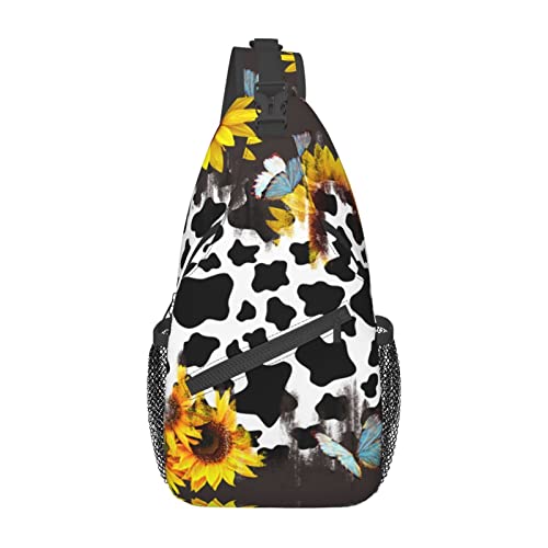 Sunflower Cow Print Sling Bag Crossbody Backpack,Cute Cow Fur Texture with Vintage Sunflower and Blue Butterfly Chest Bag Casual Shoulder Backpack Animal Cowhide Travel Hiking Daypack For Men Women