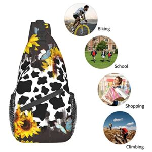 Sunflower Cow Print Sling Bag Crossbody Backpack,Cute Cow Fur Texture with Vintage Sunflower and Blue Butterfly Chest Bag Casual Shoulder Backpack Animal Cowhide Travel Hiking Daypack For Men Women