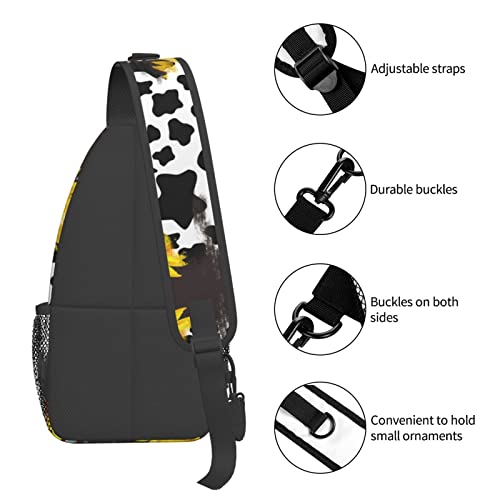 Sunflower Cow Print Sling Bag Crossbody Backpack,Cute Cow Fur Texture with Vintage Sunflower and Blue Butterfly Chest Bag Casual Shoulder Backpack Animal Cowhide Travel Hiking Daypack For Men Women