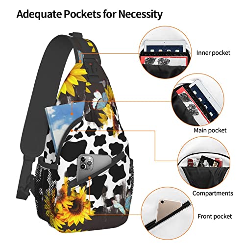 Sunflower Cow Print Sling Bag Crossbody Backpack,Cute Cow Fur Texture with Vintage Sunflower and Blue Butterfly Chest Bag Casual Shoulder Backpack Animal Cowhide Travel Hiking Daypack For Men Women