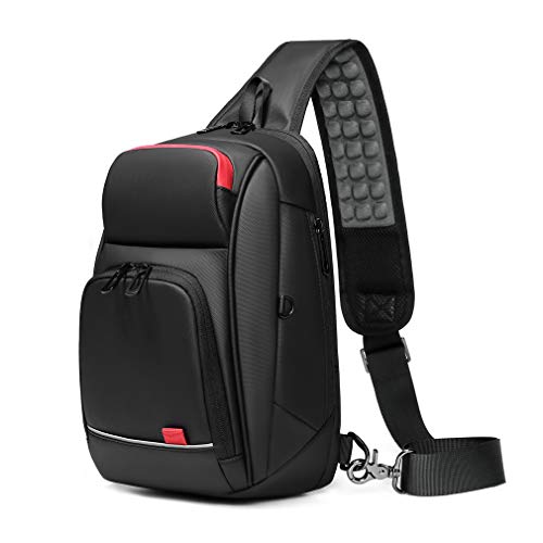 Mens Shoulder Bag for 9.7 inch Tablet,Black Cross-body Chest Sling Pack with USB Charging Port