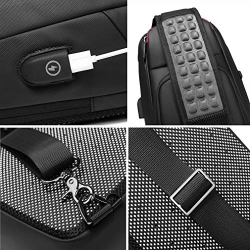 Mens Shoulder Bag for 9.7 inch Tablet,Black Cross-body Chest Sling Pack with USB Charging Port