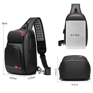 Mens Shoulder Bag for 9.7 inch Tablet,Black Cross-body Chest Sling Pack with USB Charging Port