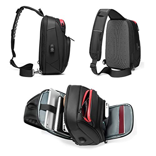 Mens Shoulder Bag for 9.7 inch Tablet,Black Cross-body Chest Sling Pack with USB Charging Port