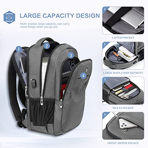 Travel Laptop Backpack, Water Resistant Anti Theft Backpacks Bookbag with USB Charging Port and Lock 15.6 Inch Durable Computer Business College Bag for Men Women Students School, Grey