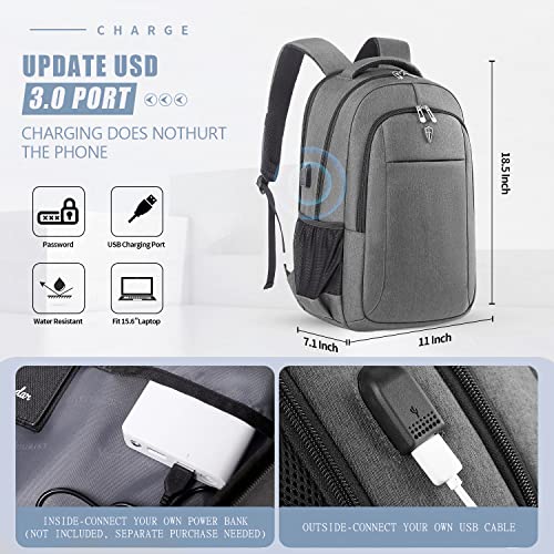 Travel Laptop Backpack, Water Resistant Anti Theft Backpacks Bookbag with USB Charging Port and Lock 15.6 Inch Durable Computer Business College Bag for Men Women Students School, Grey