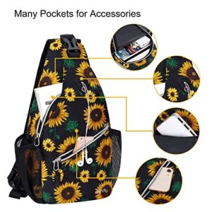 MOSISO Mini Sling Backpack, Small Travel Hiking Daypack Sunflower Rope Crossbody Shoulder Bag, Black