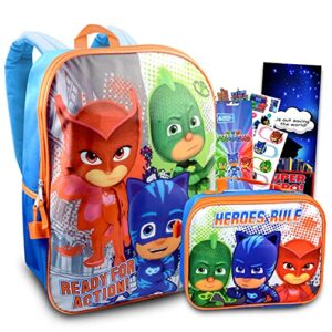 pj masks school backpack with lunch box for kids ~ 4 pc bundle with 16″ pj masks school bag, lunch bag, stickers, and more featuring catboy, owlette, and gekko