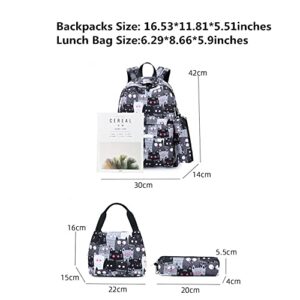 Cat-Print 3Pcs Elementary Bookbag Daypack Primary Middle School Bag Backpack Set for Teens