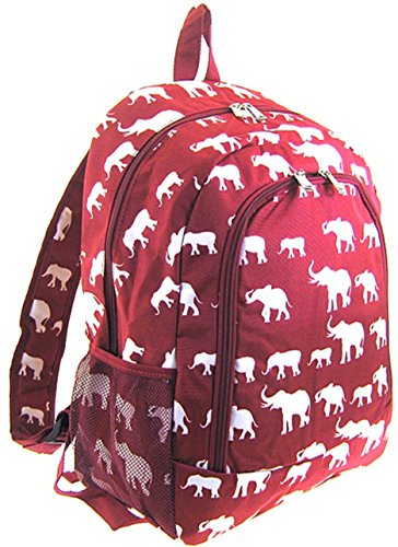 Elephant Print Full Sized Backpack (Burgundy Red)