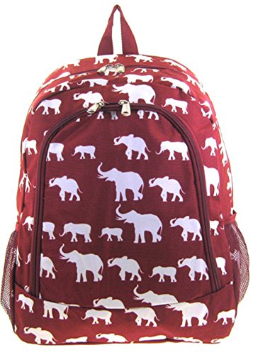 Elephant Print Full Sized Backpack (Burgundy Red)