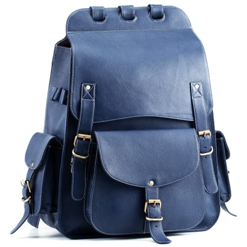 Handmade World Vintage Full Grain 20 Inch Blue Leather Laptop Large Backpack Casual Bookbag Daypack Camping Travel Rucksack Knapsack