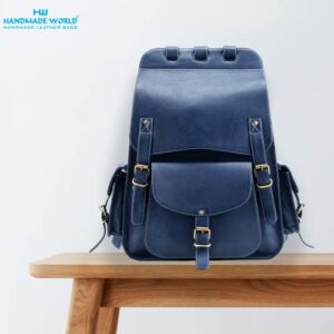 Handmade World Vintage Full Grain 20 Inch Blue Leather Laptop Large Backpack Casual Bookbag Daypack Camping Travel Rucksack Knapsack