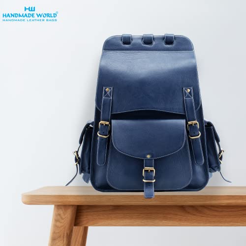 Handmade World Vintage Full Grain 20 Inch Blue Leather Laptop Large Backpack Casual Bookbag Daypack Camping Travel Rucksack Knapsack