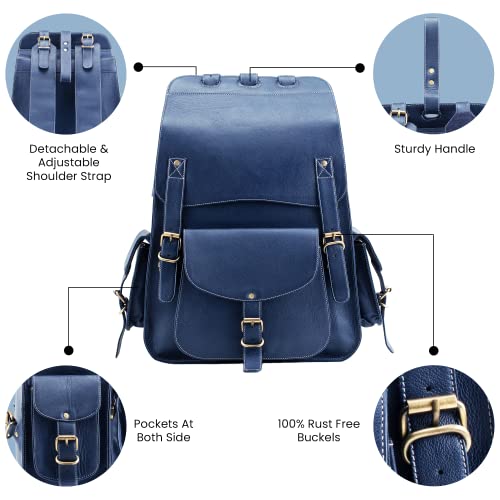 Handmade World Vintage Full Grain 20 Inch Blue Leather Laptop Large Backpack Casual Bookbag Daypack Camping Travel Rucksack Knapsack