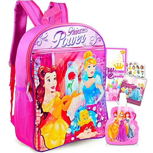 Disney Princess Backpack for Girls 4-6 - Bundle with 15” Disney Princess School Backpack, Disney Princess Drink Pouch, Stickers, More (Disney Princess Backpack Kids)