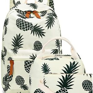 Bookbag School Backpack Girls Cute Schoolbag for 15 inch Laptop backpack set (Beige A002 Green pineapple)