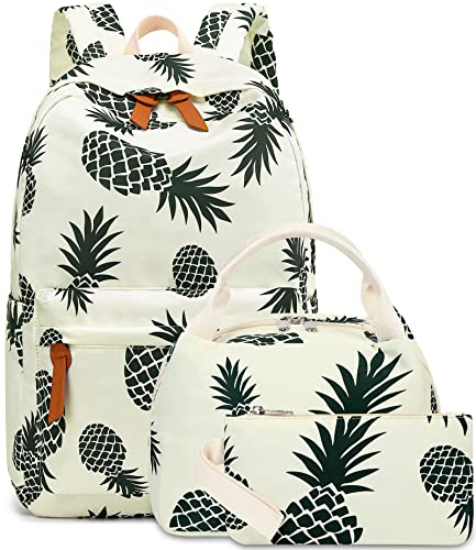 Bookbag School Backpack Girls Cute Schoolbag for 15 inch Laptop backpack set (Beige A002 Green pineapple)