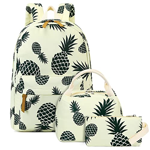 Bookbag School Backpack Girls Cute Schoolbag for 15 inch Laptop backpack set (Beige A002 Green pineapple)