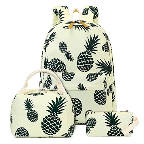 Bookbag School Backpack Girls Cute Schoolbag for 15 inch Laptop backpack set (Beige A002 Green pineapple)