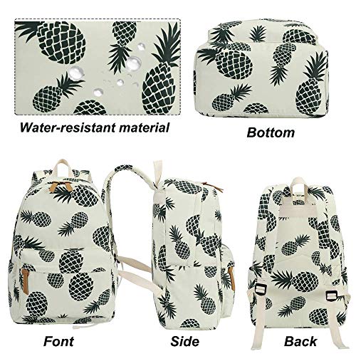 Bookbag School Backpack Girls Cute Schoolbag for 15 inch Laptop backpack set (Beige A002 Green pineapple)