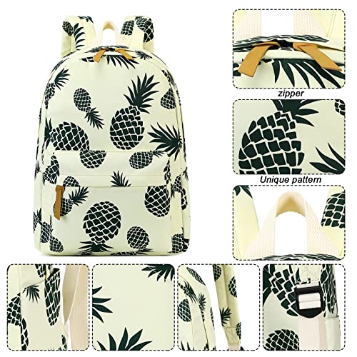 Bookbag School Backpack Girls Cute Schoolbag for 15 inch Laptop backpack set (Beige A002 Green pineapple)