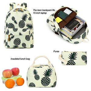 Bookbag School Backpack Girls Cute Schoolbag for 15 inch Laptop backpack set (Beige A002 Green pineapple)