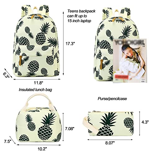 Bookbag School Backpack Girls Cute Schoolbag for 15 inch Laptop backpack set (Beige A002 Green pineapple)