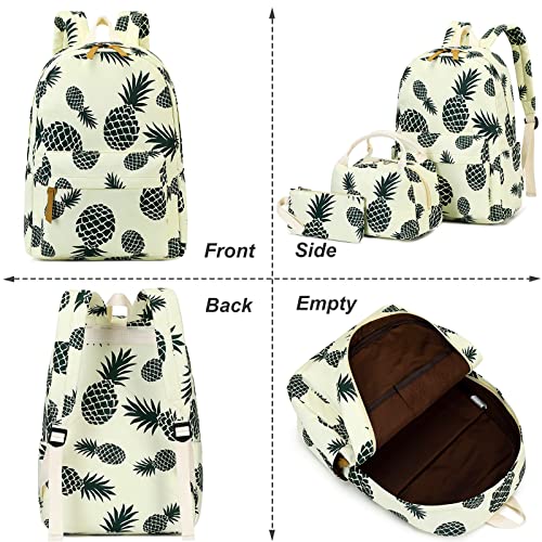 Bookbag School Backpack Girls Cute Schoolbag for 15 inch Laptop backpack set (Beige A002 Green pineapple)