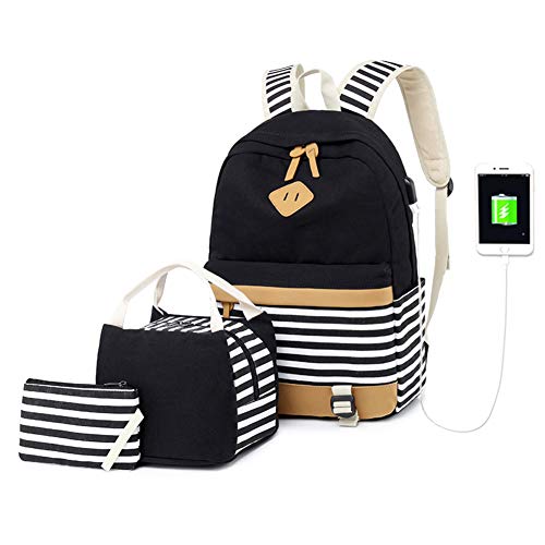 Women Laptop Backpack High School Bookbag 15.6 inch Casual Travel College Canvas with USB Charging Port (4-Black)