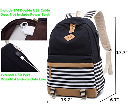 Women Laptop Backpack High School Bookbag 15.6 inch Casual Travel College Canvas with USB Charging Port (4-Black)