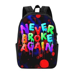 never-broke-again women men usb backpack 17 in shoulders laptop bags students knapsack schoolbag travel women men