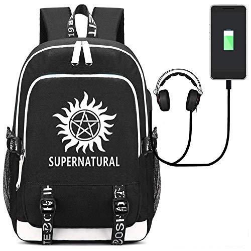 Caiyan Hot Fashion Unisex Supernatural SPN Backpack USB Charging Headphones Bag Laptop Bag School Backpack