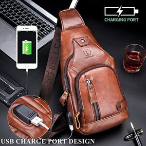 BULLCAPTAIN Men Crossbody Bag with USB Charging Port Genuine Leather Shoulder Sling Chest Bag Travel Hiking Backpack (Brown)